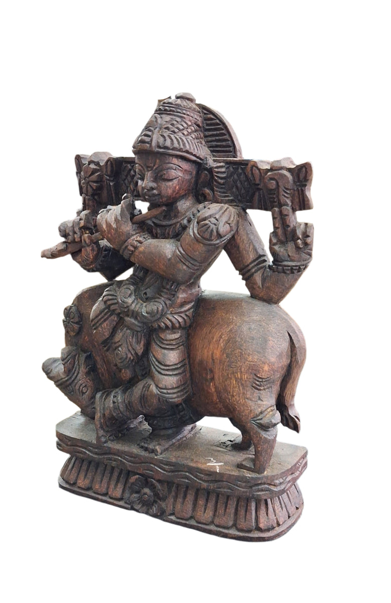 12" Handmade Wooden Carved Cow with Krishna Statue – VTI HERITAGE