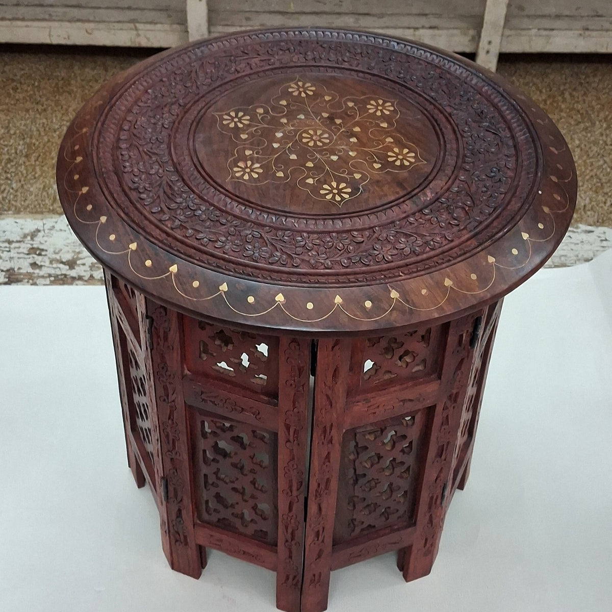 15" Handmade Sheesham Wood Brass Inlay Work Round Display Table – VTI ...