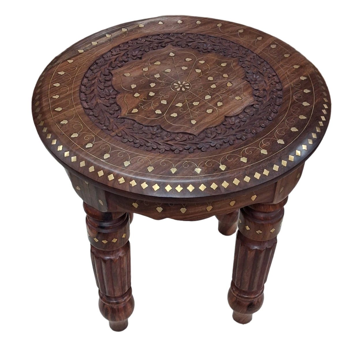 15" Handmade Wooden Carved with Brass Inlay Work Round Display Table ...