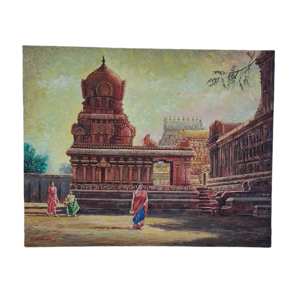 24" Hand Painted Tanjore Temple Oil on Canvas Painting Wall Art Decor ...