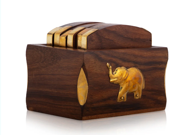 Handmade Wooden Brass Elephant Inlaid Coasters Set – VTI HERITAGE