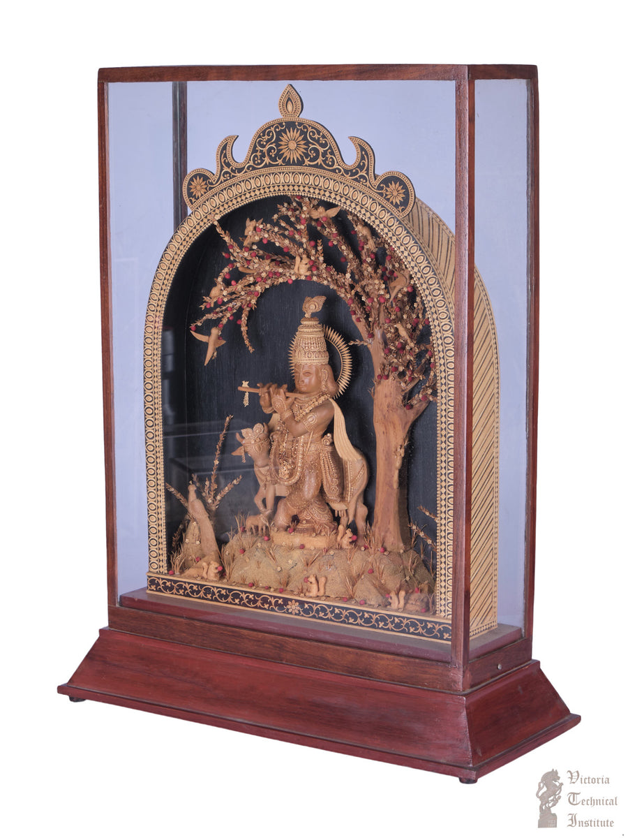 21" Handmade Sandal Wood Miniature Lord Krishna Statue with Acrylic Do ...