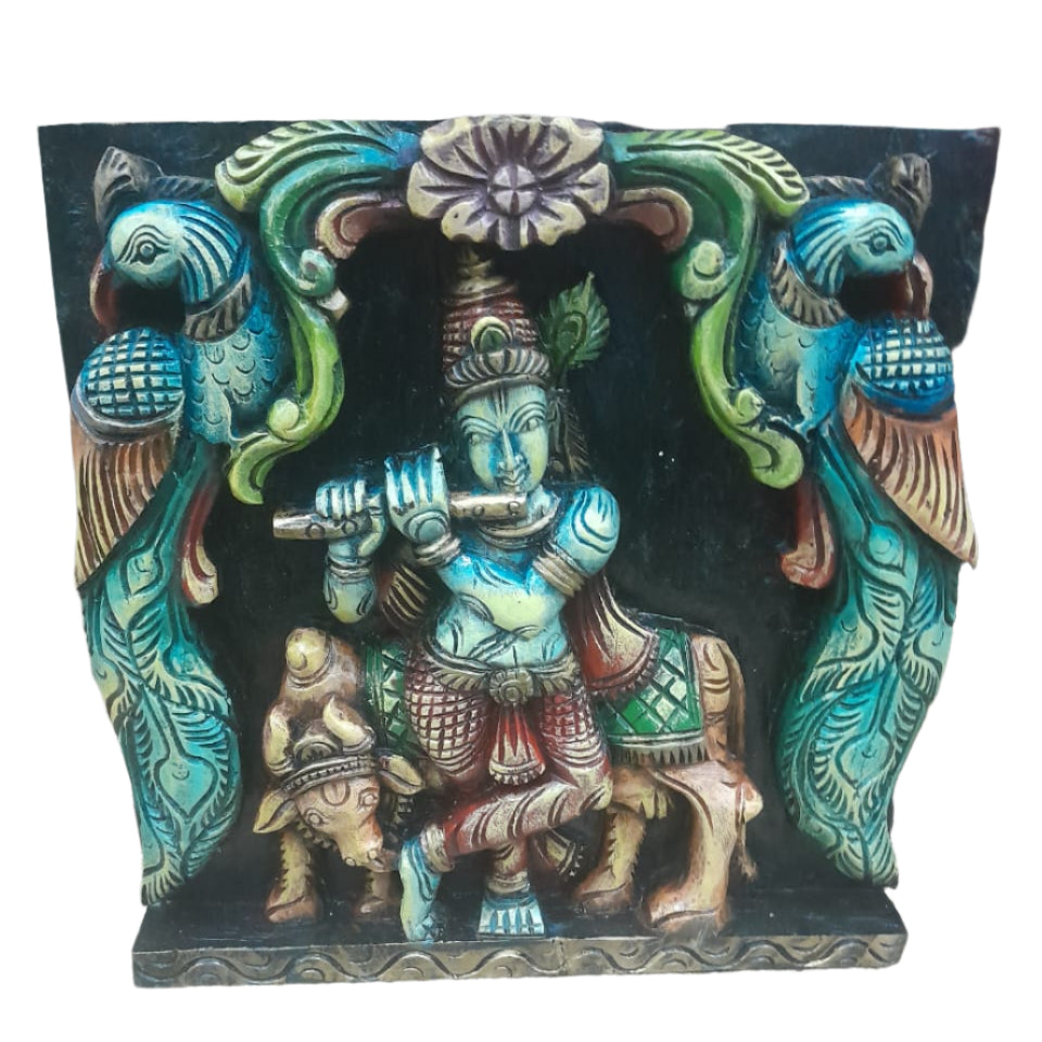 12" Handmade Wooden Painted Carved Cow with Krishna Wall Panel – VTI ...