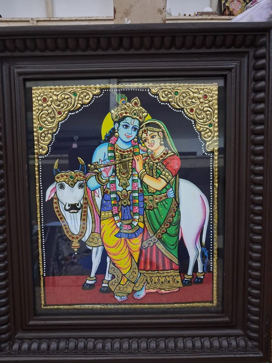 15" Handmade Tanjore Painting Cow with Radha Krishna – VTI HERITAGE