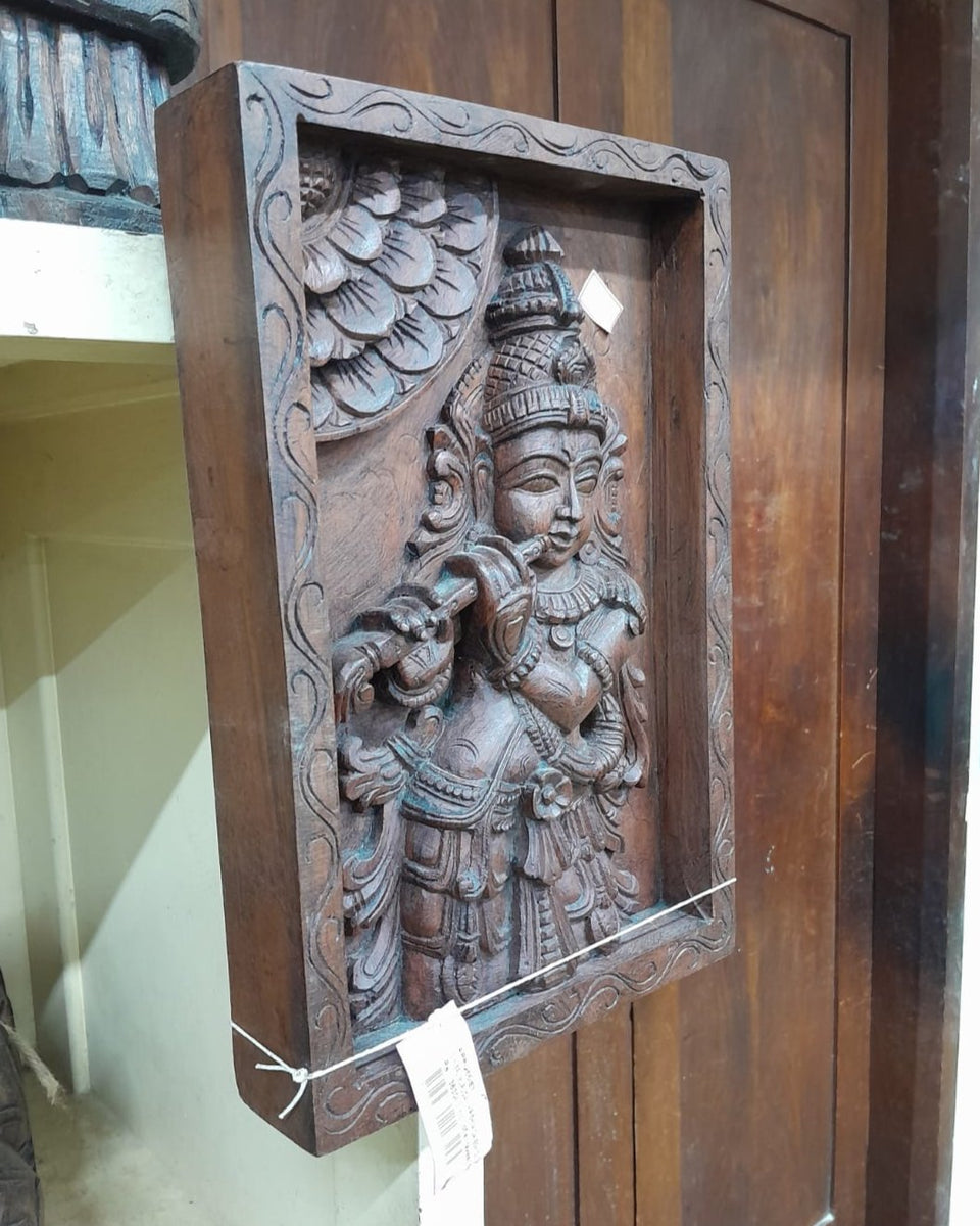 12" Handmade Wooden Carved Lord Krishna Wall Panel/Hanging – VTI HERITAGE