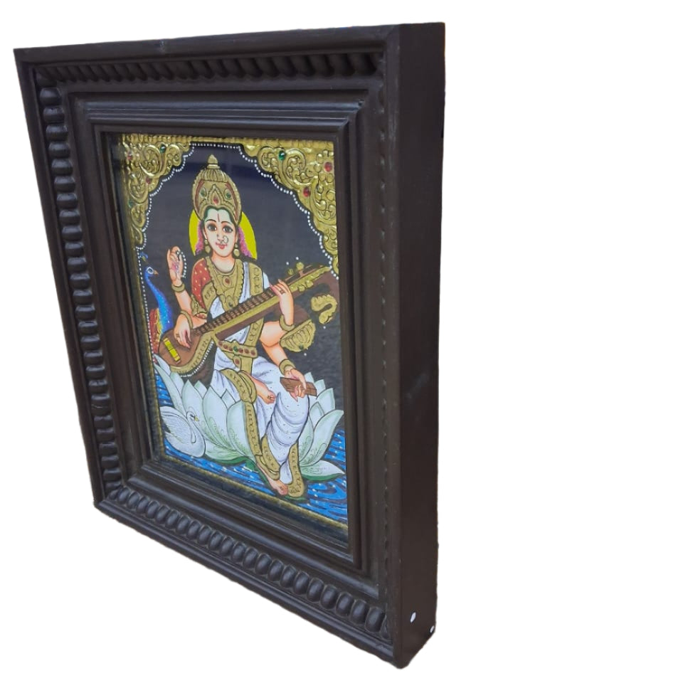 13" Handmade Tanjore Painting Goddess Saraswathi – VTI HERITAGE