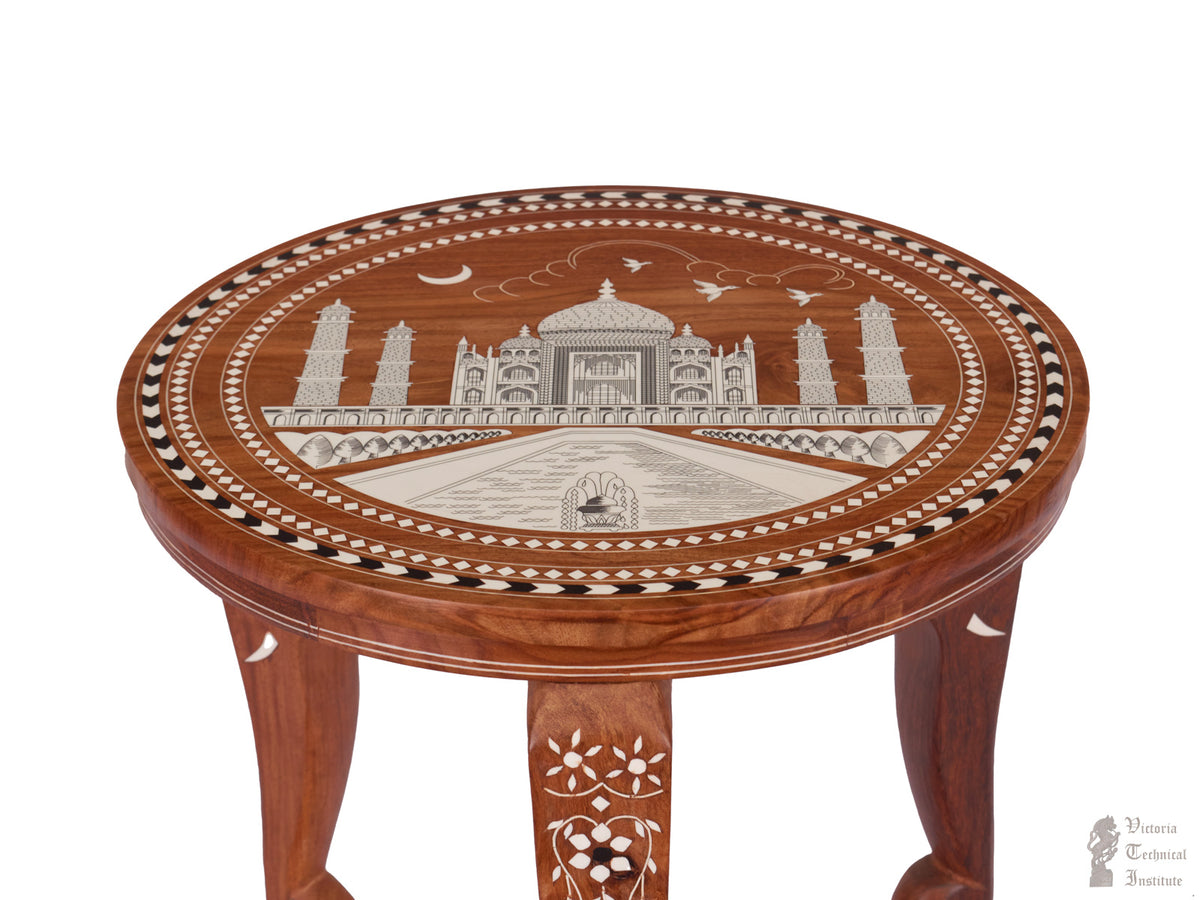 Handmade Wooden Inlaid Tajmahal Design Round Display Table – VTI HERITAGE